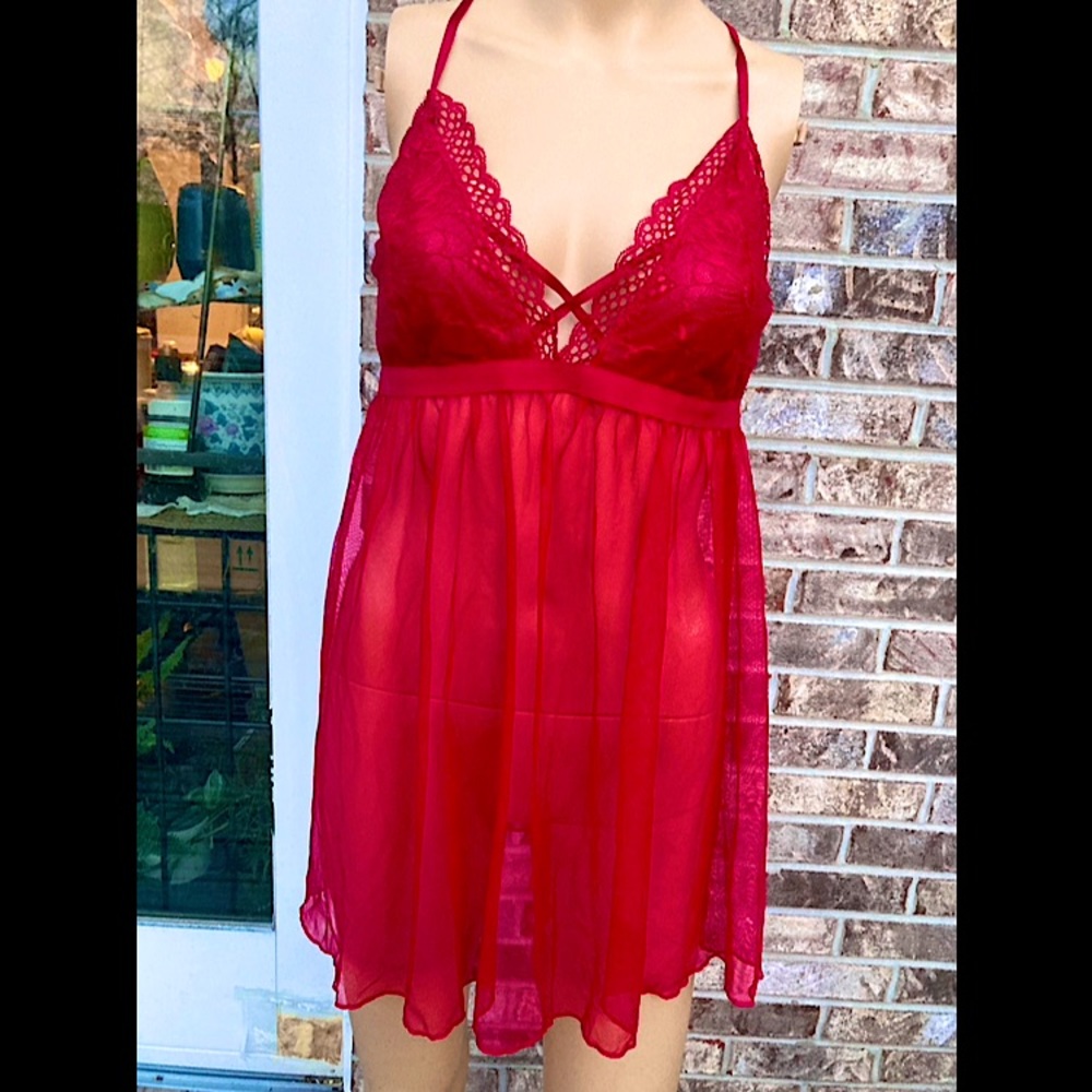 Semi-Sheer Red Lace Lingerie Chemise Slip Top - Gem